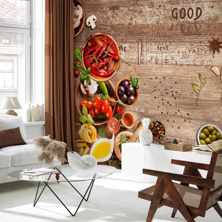 Fotobehang Culinaire fusies - kleurrijke groenten en Engelstalige ...