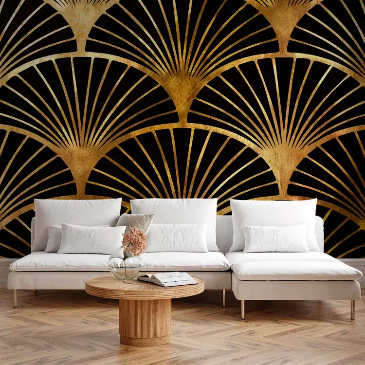 Zwarte En Gouden Achtergronden Muurmuur Art Deco Waaiers Abstractie