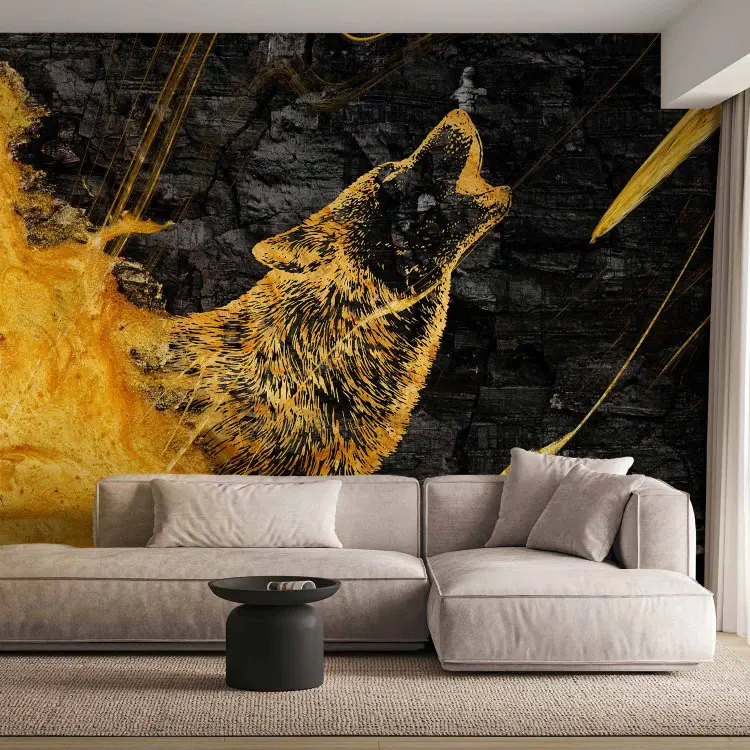 Muurmuur Huilende wolf - contrasterend gouden dier op zwart houtskool ...