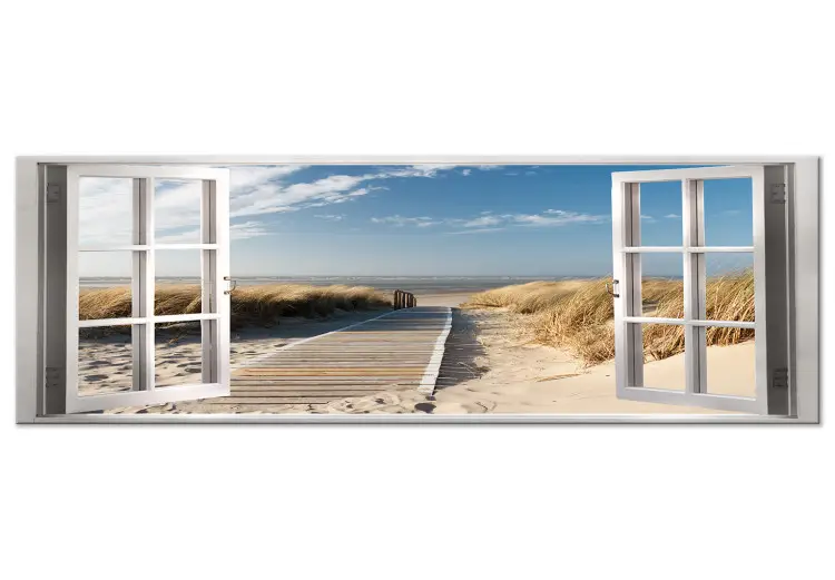 Groot schilderij Raam: uitzicht op strand III - zeezicht met een pad ...
