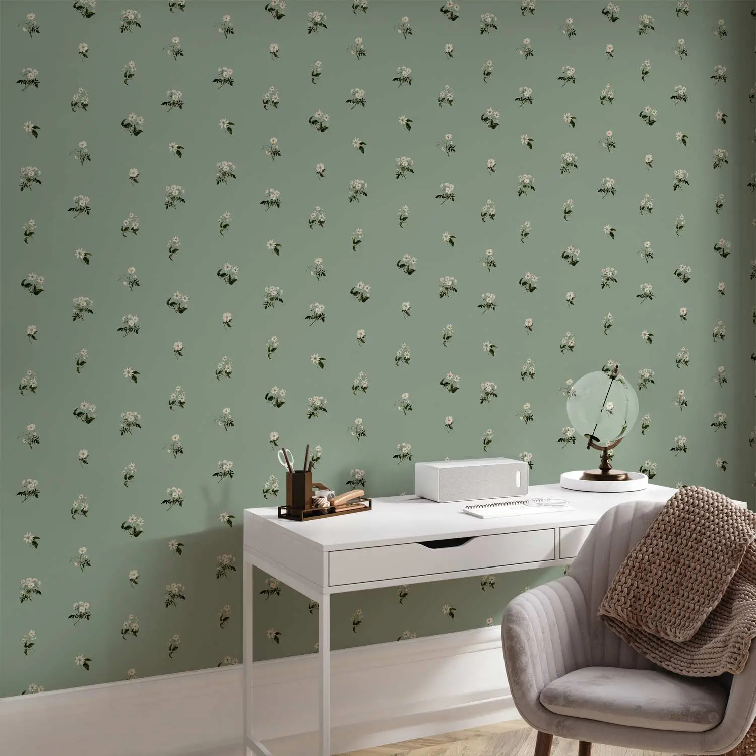 Groene Achtergrond Behang Vliesbehang Delicate Bloemen & Bladeren
