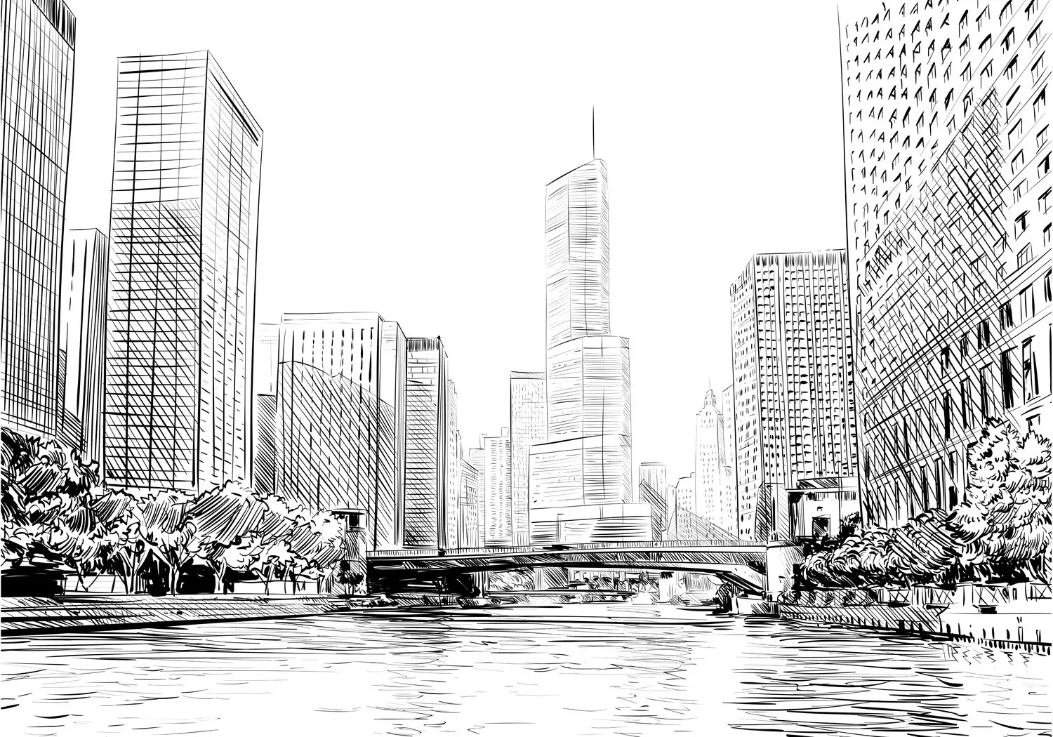 Chicago Skyline Black And White Drawing