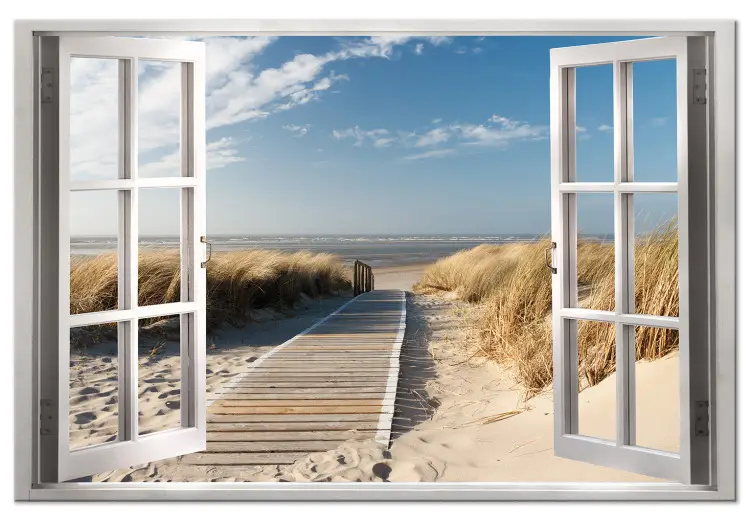 Groot schilderij Raam: uitzicht op strand - zeezicht met een pad tussen ...