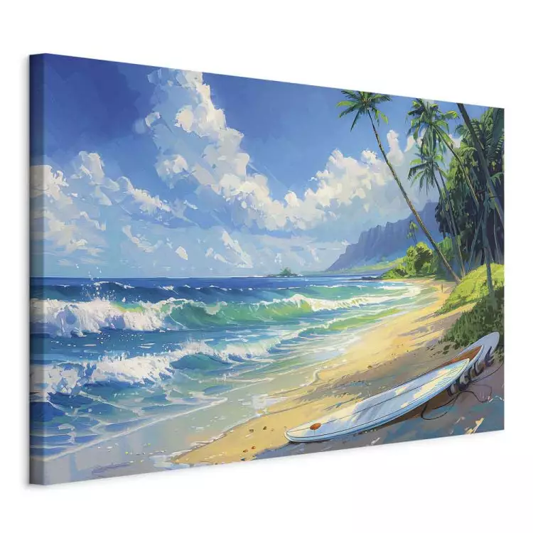 Schilderij Eenzame plank - strand met oceaangolven en palmbomen op de achtergrond- Zee - bimago