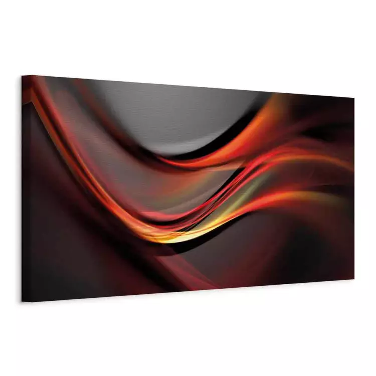 Schilderij Abstracte golven - dynamische rode en gouden lijnen op een ...