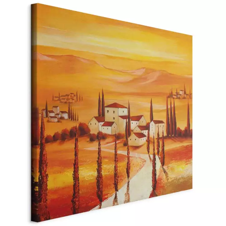 Schilderij Warmte van Toscane - heuvelachtig landschap met gebouwen in ...