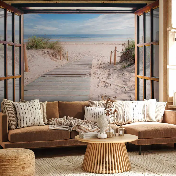 Muurmuur Strand bij het raam - raamzicht op zee en strand tegen houten ...
